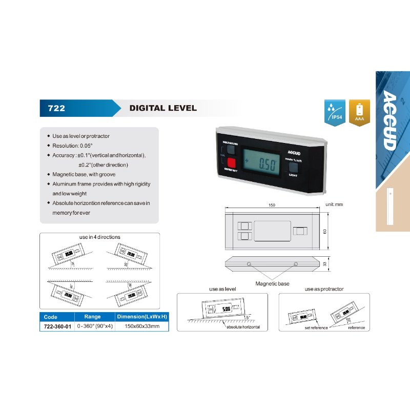 ACCUD DIGITAL LEVEL AND PROTRACTOR 150mm - STF Tool & Industrial